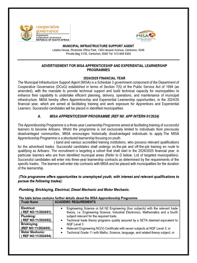 Advert For Apprenticeship and Experiential Learnership Programmes Mario 002 Final 31 January ...