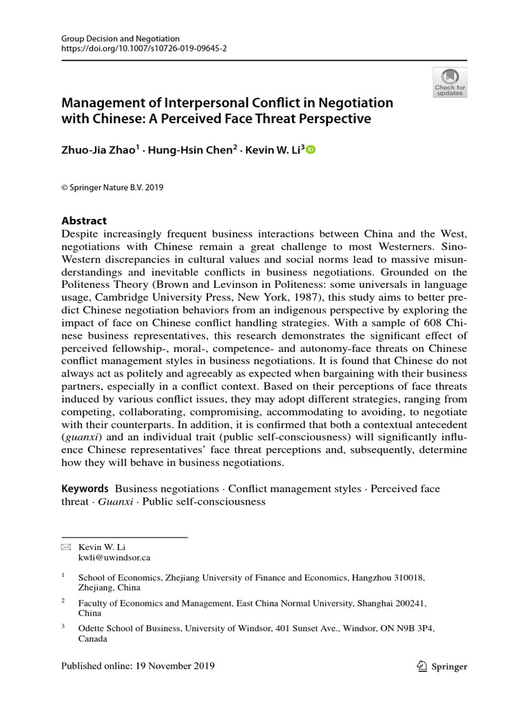 Management of Interpersonal Confict in Negotiation | PDF | Negotiation ...