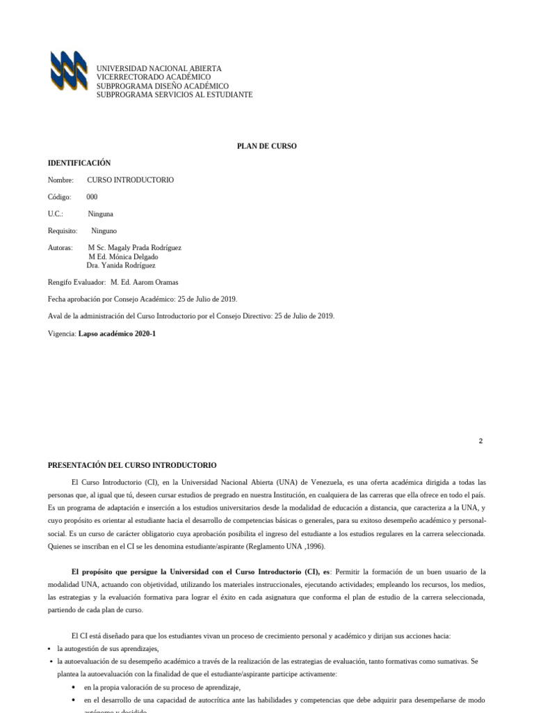 Plan de Curso Introductorio 2020-1 | PDF | Evaluación | Aprendizaje