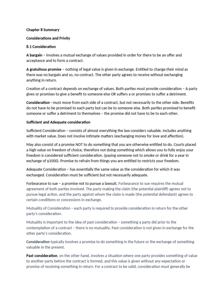 Business Law - Chapter 8 Summary | PDF | Assignment (Law) | Consideration