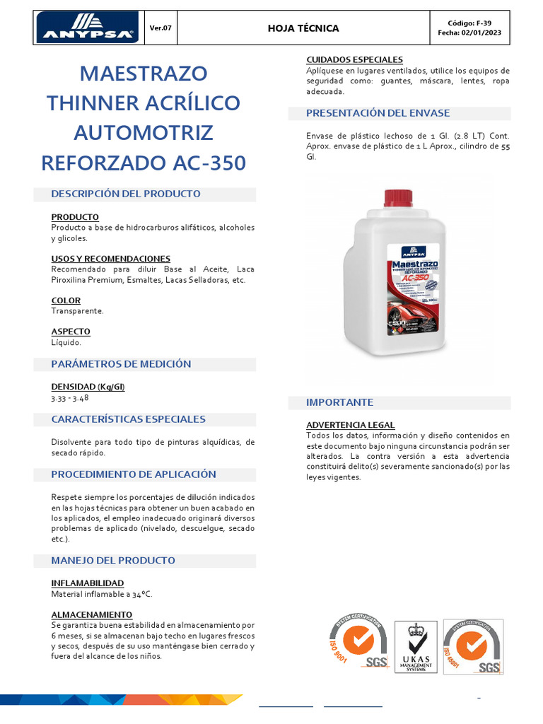 Maestrazo Thinner Acrílico Automotriz Reforzado Ac - 350 2.8 Lt | PDF