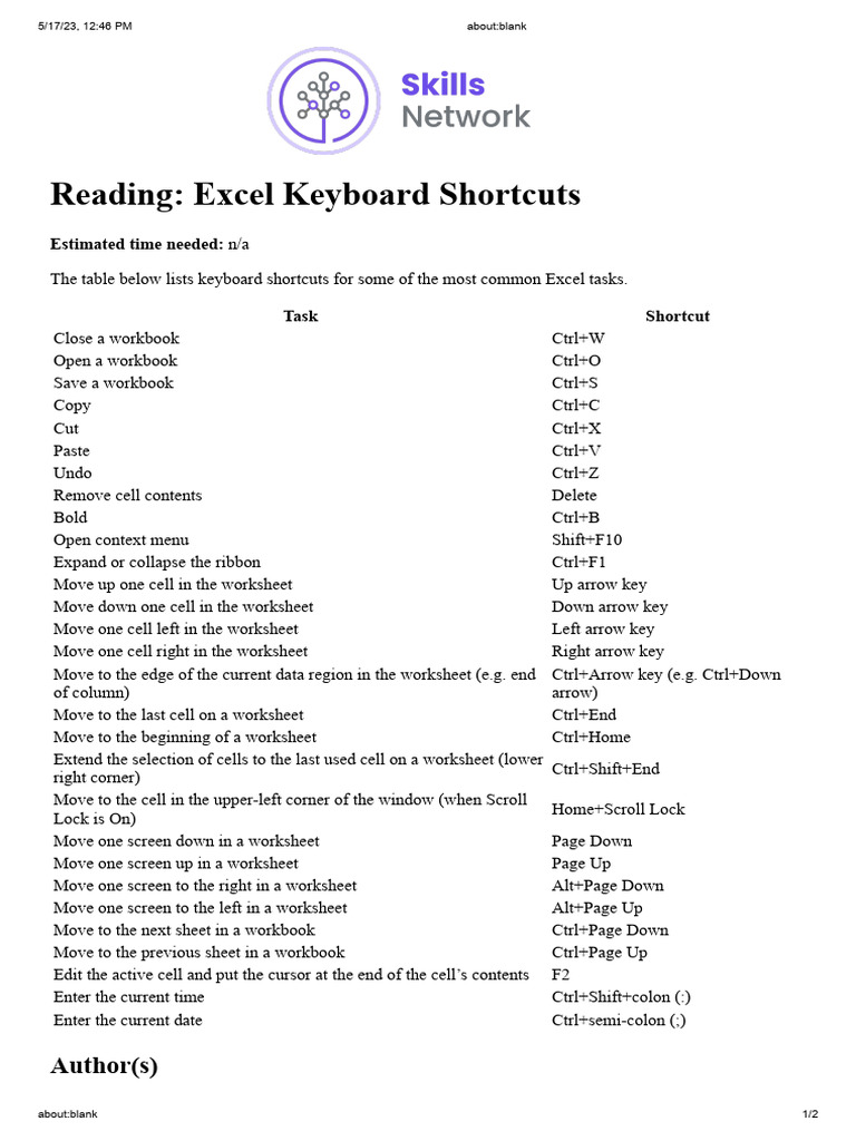 Reading Excel Keyboard Shortcuts | PDF | Microsoft Excel | Computer ...