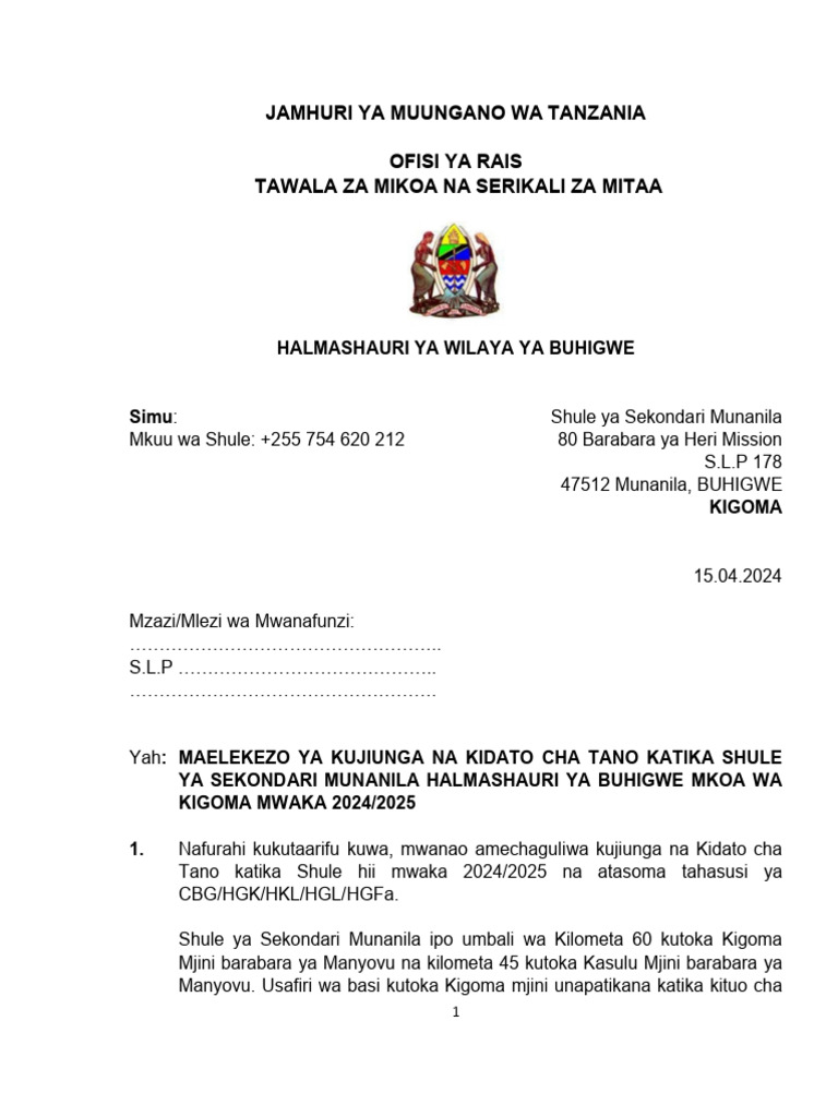 Jamhuri Ya Muungano Wa Tanzania Ofisi Ya Rais Tawala Za Mikoa Na Serikali Za Mitaa | PDF