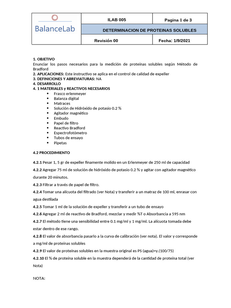 ILAB 005.rev00 Determinacion Proteinas Solubles | PDF | Solubilidad ...