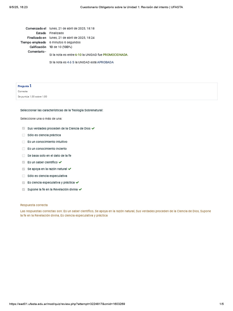 Cuestionario Obligatorio Sobre La Unidad 1 - Revisión Del Intento - UFASTA | PDF | Fe | Verdad