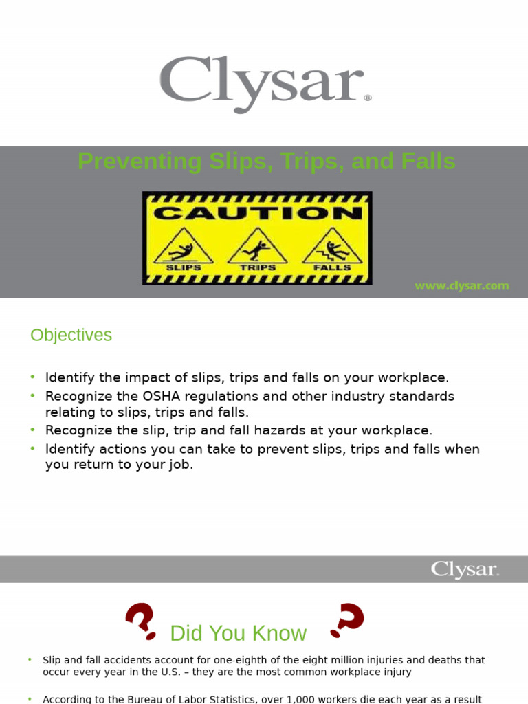 Slips, Trips, and Falls Prevention Guide | PDF | Housekeeping | Safety