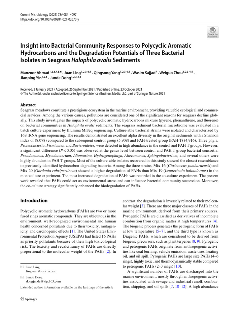 Insight Into Bacterial Community Responses To Polycyclic Aromatic Hydrocarbons and The ...