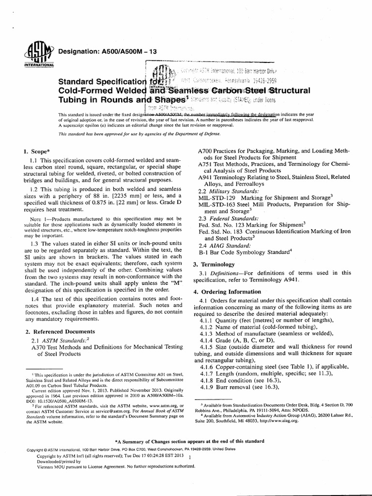 ASTM A 500 A500M - 13 Standard Specification For Cold-Formed | PDF