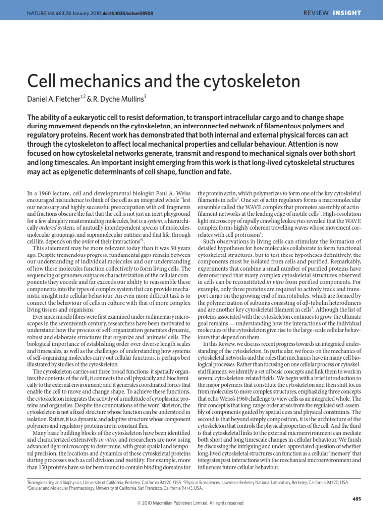 Daniel A. Fletcher & R. Dyche Mullins. Nature 2010. Cell Mechanics and The Cytoskeleton | PDF ...