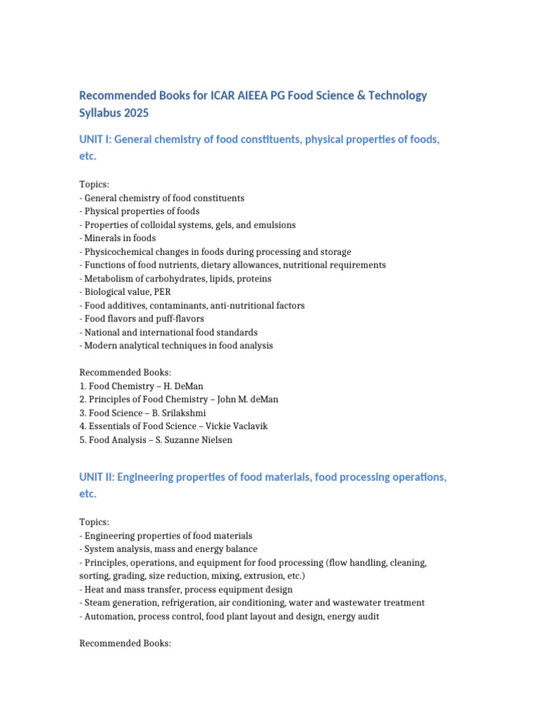 ICAR AIEEA PG Food Science Books 2025 | PDF | Foods | Food Science