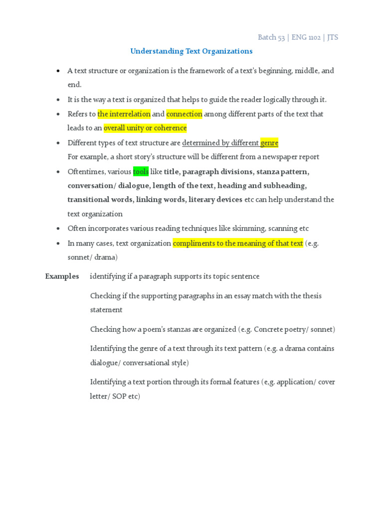 ENG 1102 - Worksheet - Understanding Text Organizations (Batch 53 ...