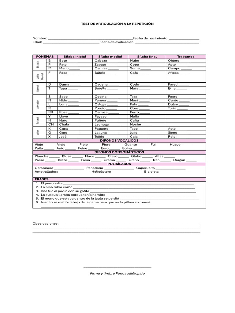 Test de Articulación A La Repetición: Firma y Timbre Fonoaudióloga/o | PDF