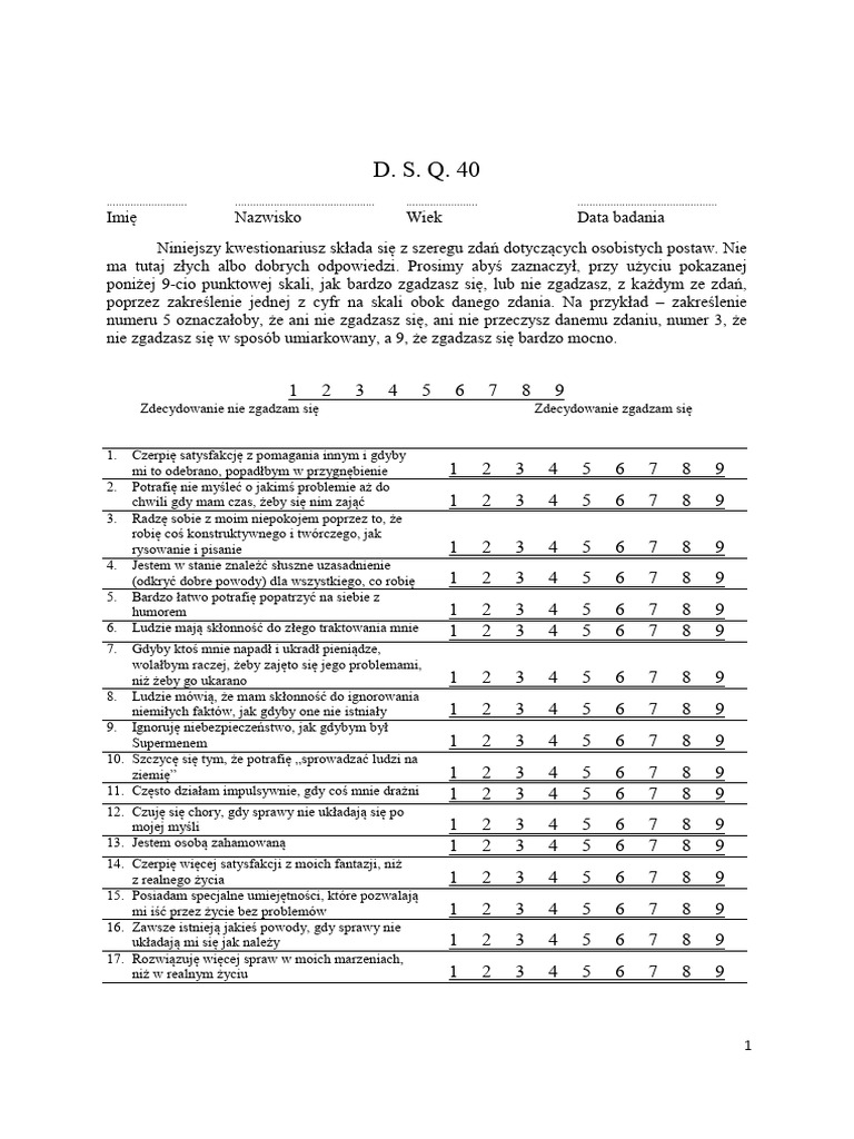 Skala DSQ-40 Mechanizmy Obronne | PDF