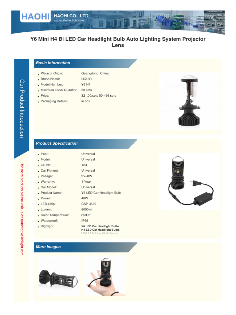 Y6 Mini h4 Bi Led Car Headlight Bulb Auto Lighting System Projector Lens | PDF | Headlamp ...