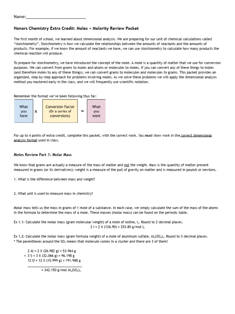 2024 Q1 H.Extra Credit Moles Packet | PDF | Mole (Unit) | Stoichiometry