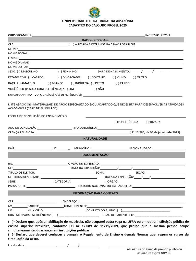 Cadastro Calouro Prosel 2025 UFRA | PDF
