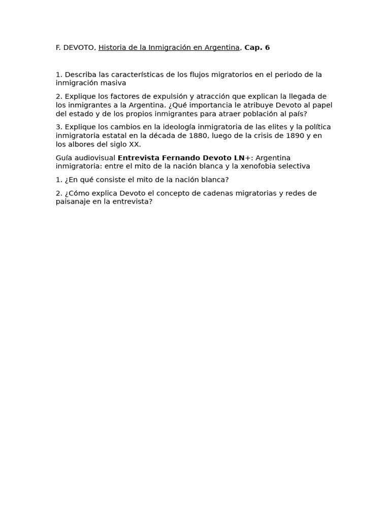 GUIA Preguntas DEVOTO Cap 6 y Entrevista | PDF