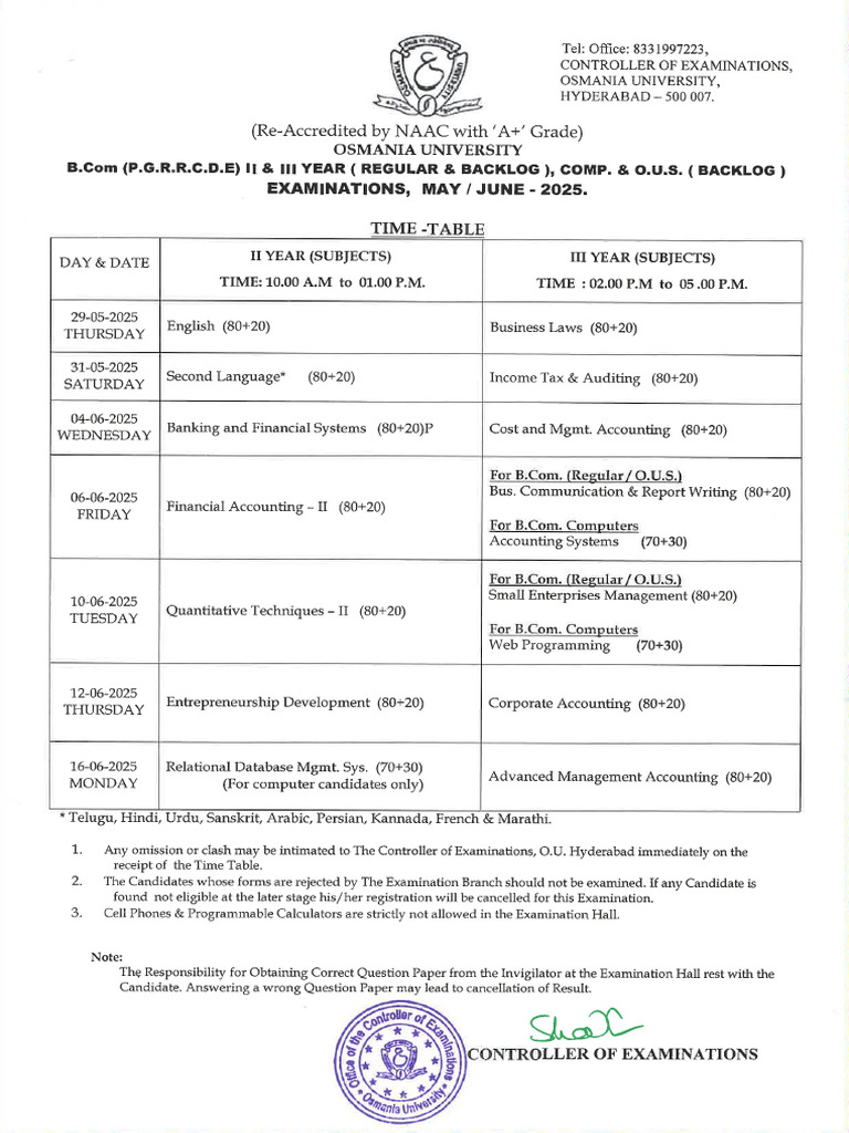 OU BCom (PGRRCDE) Exams Time Table May June 2025 | PDF