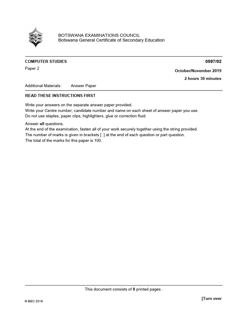 BGCSE Computer Studies Paper 2 Instructions | PDF | Computer Monitor ...