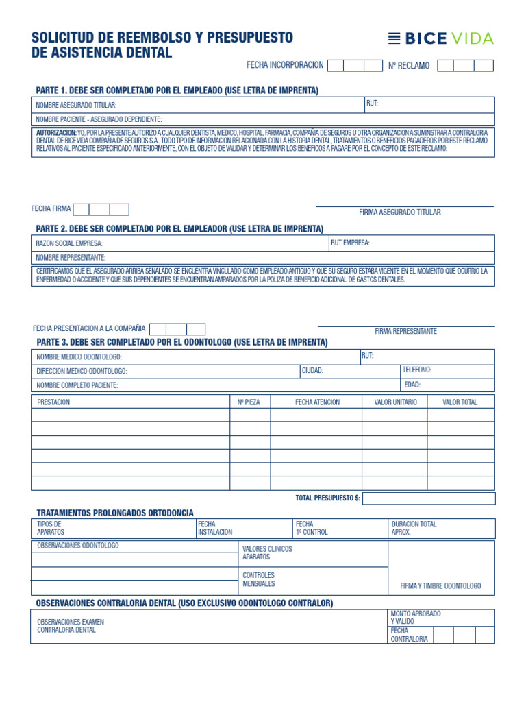 Solicitud Reembolso Dental y Presupuesto BICEVIDA | PDF | Odontología | Cuidado de la salud