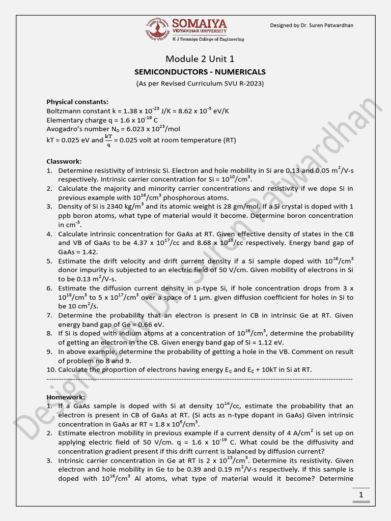 Semiconductors - Numericals | PDF | Doping (Semiconductor) | Electrical Resistivity And Conductivity