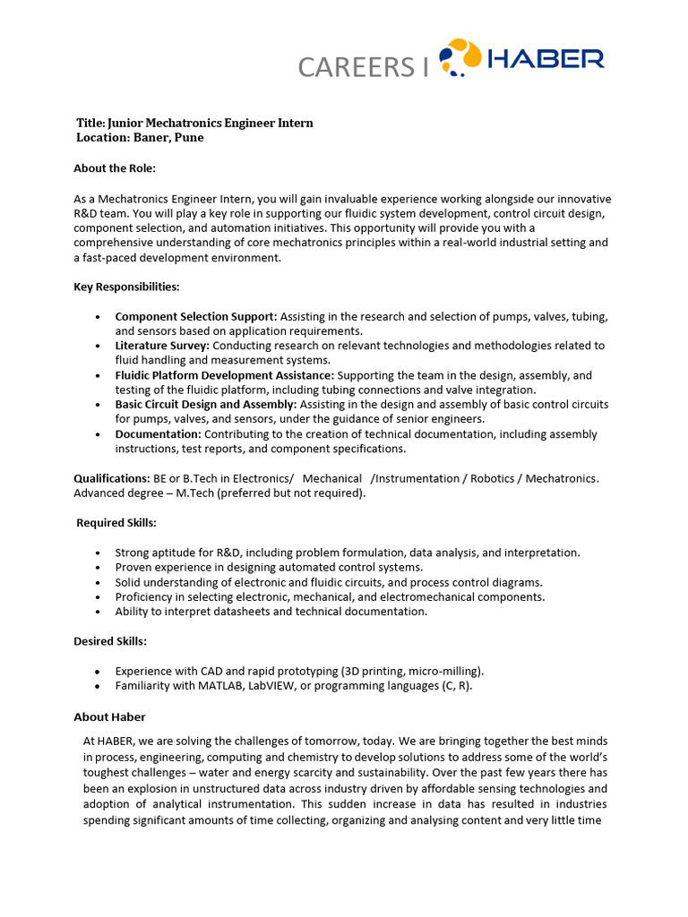 Mechatronics Engineer Intern JD | PDF | Mechatronics | Automation