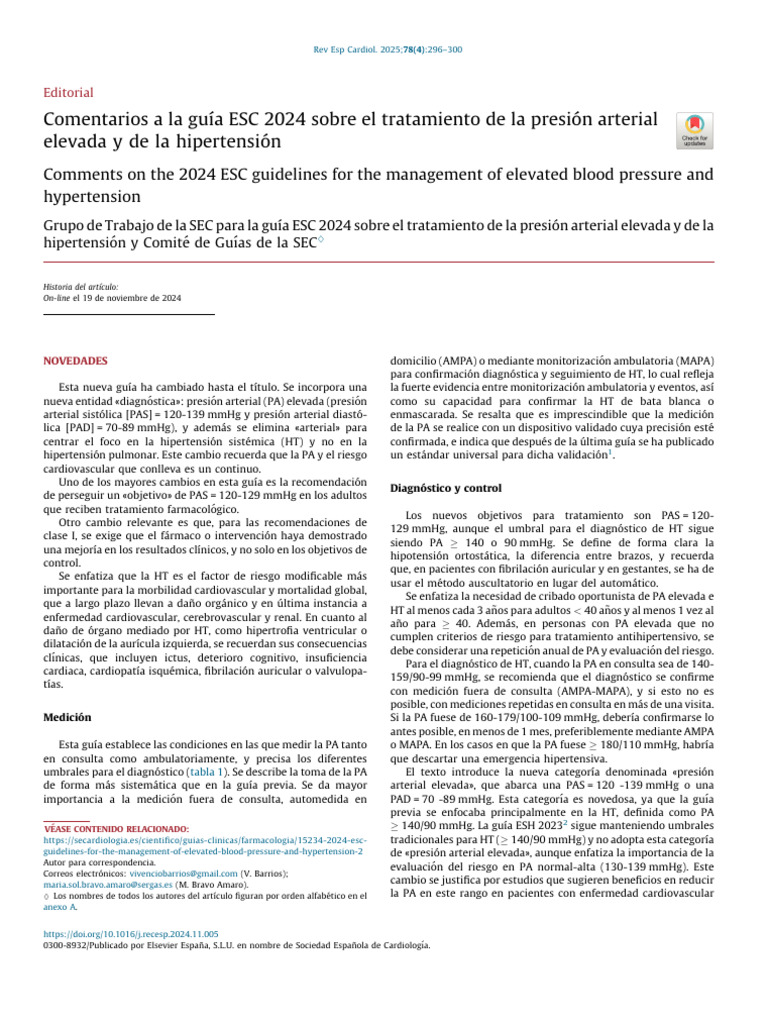 Comentarios A La Guı A ESC 2024 Sobre El Tratamiento de La Presio N Arterial Elevada y de La ...