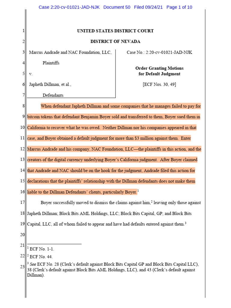Andrade AMLBITCOIN DKT 50 - Order Granting Default Judgments | PDF ...