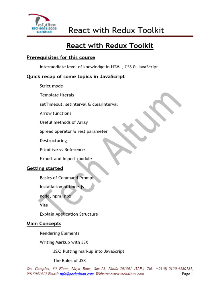 React With Redux Toolkit Course Content | PDF | Java Script | Computer Programming