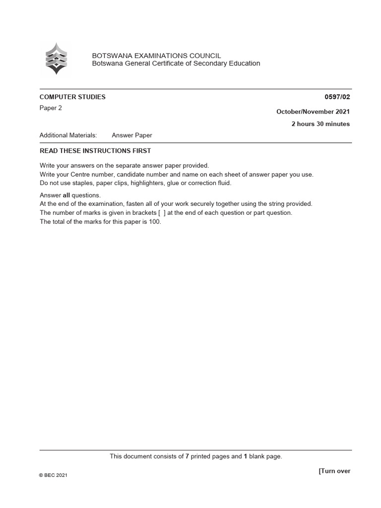 2021 BGCSE Computer Studies Paper 2 220910112136 | PDF | Computer Virus | Computer Memory