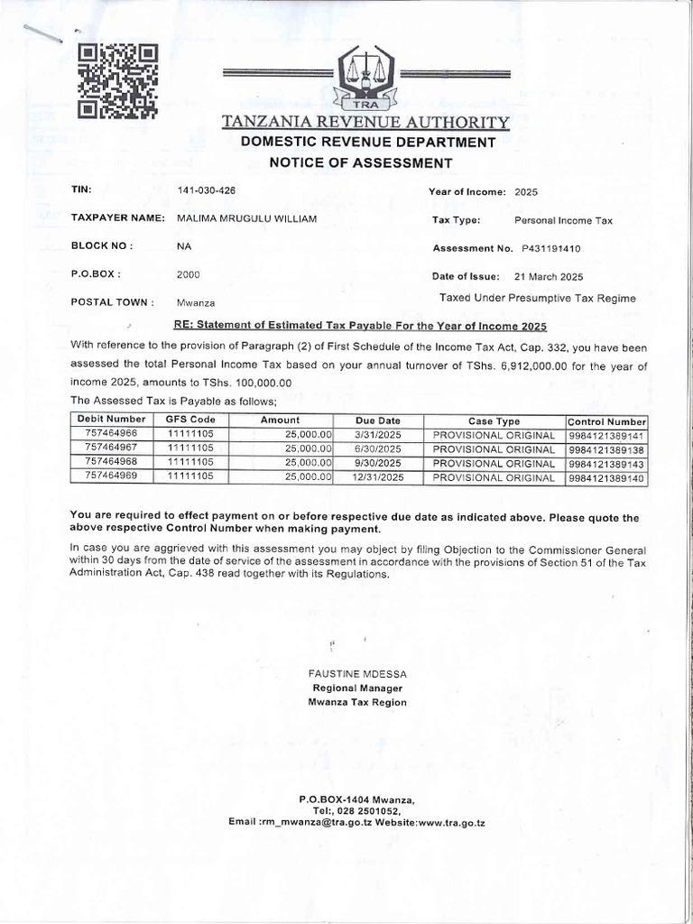 Domestic Revenue Department Notice of Assessment: Name | PDF