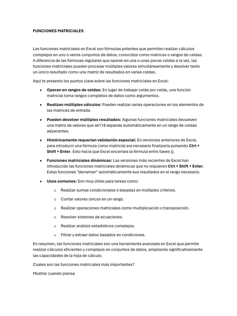 Funciones Matriciales | PDF | Matriz (Matemáticas) | Microsoft Excel