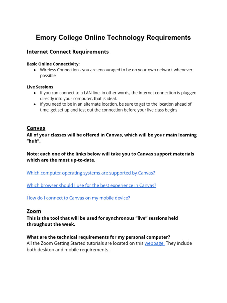Student Emory Pre-College Online Technology Requirements | PDF