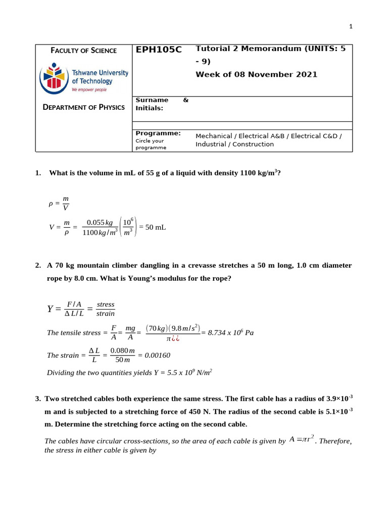 EPH105C Tutorial 2 2021 (UNIT 5-9) Memo | PDF | Waves | Amplitude