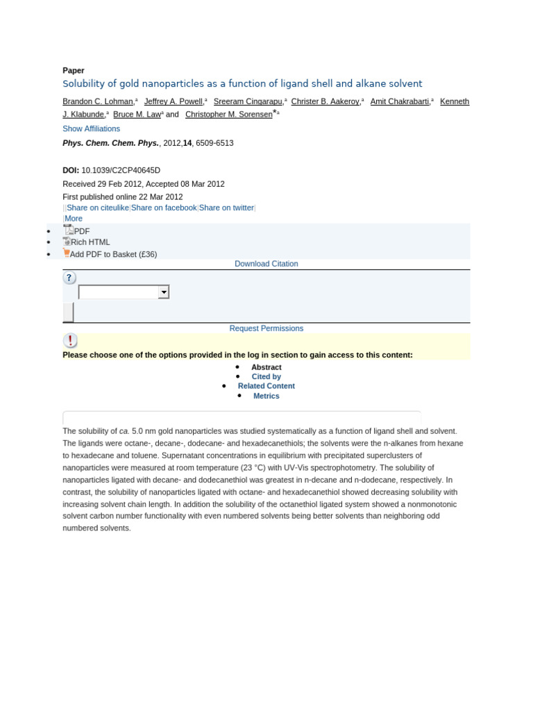 Solubility of gold nanoparticles as a function of ligand shell and ...