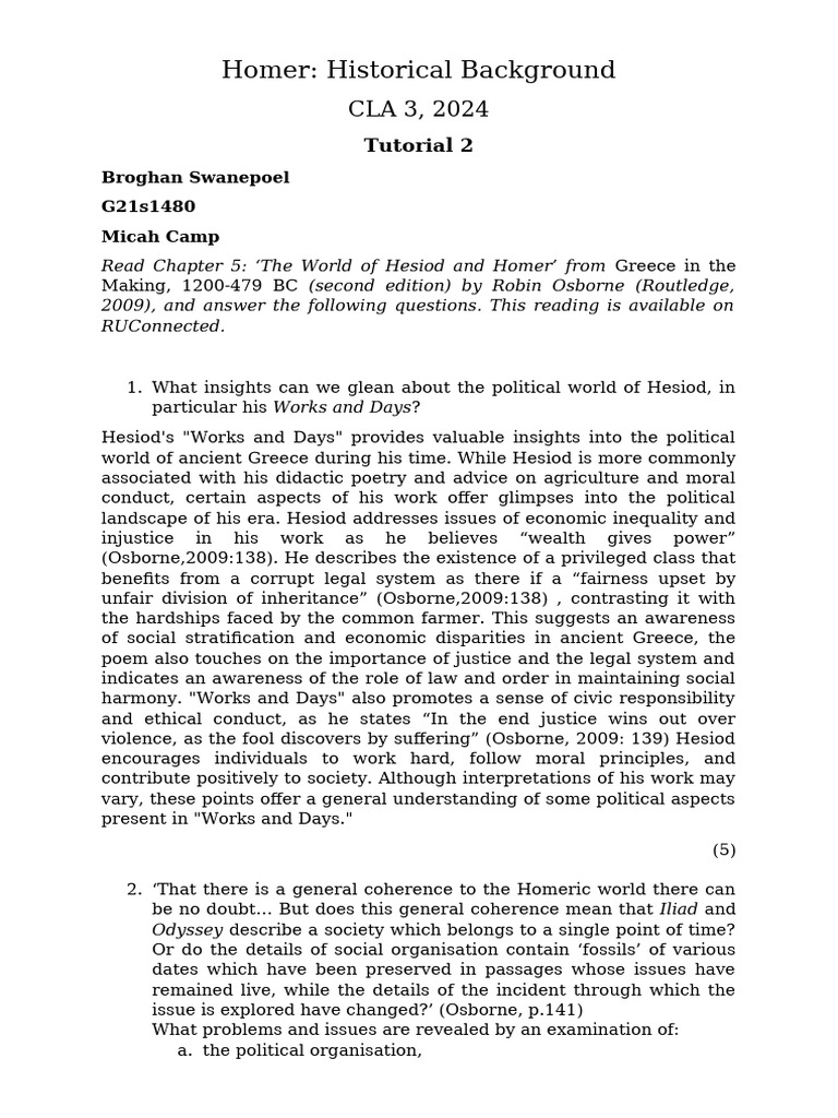 Homers Historical Background Tutorial 2 | PDF | Homer | Epic Poetry