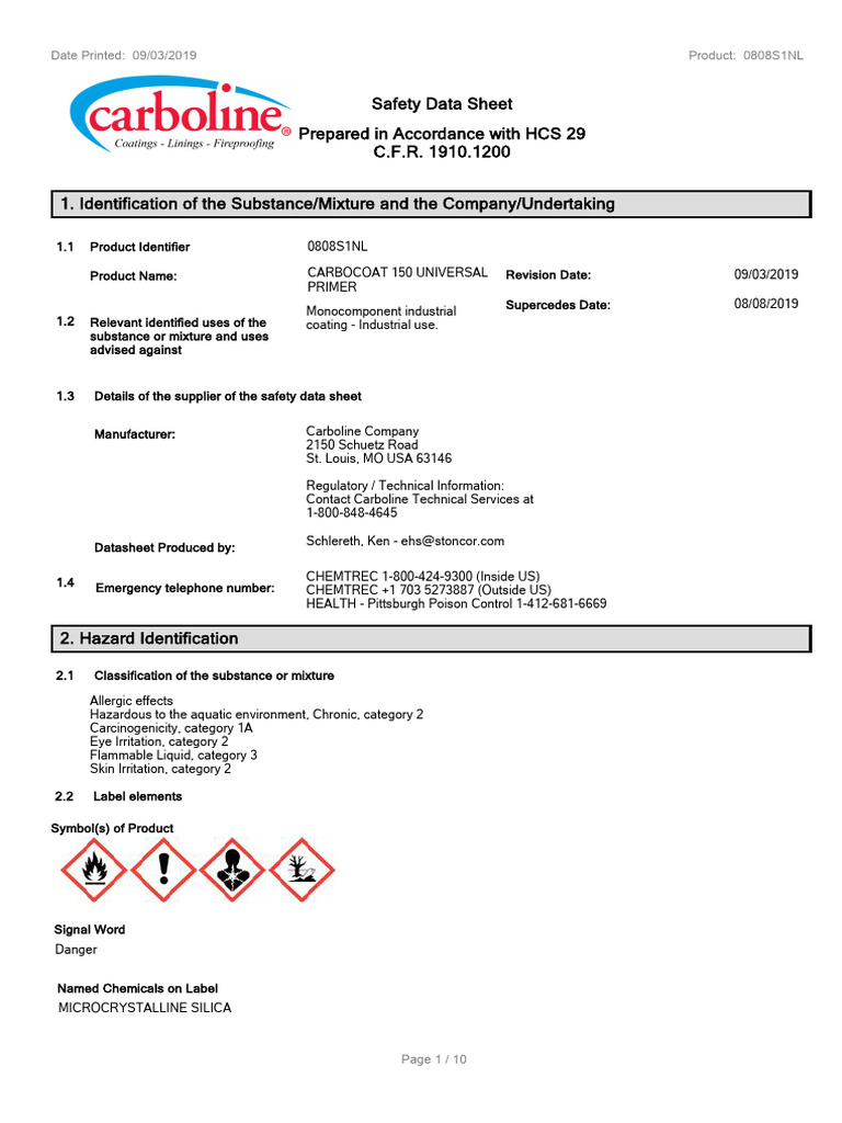 Carboline Carbocoat 150 Safety Data Sheet | PDF | Toxicity | Superfund