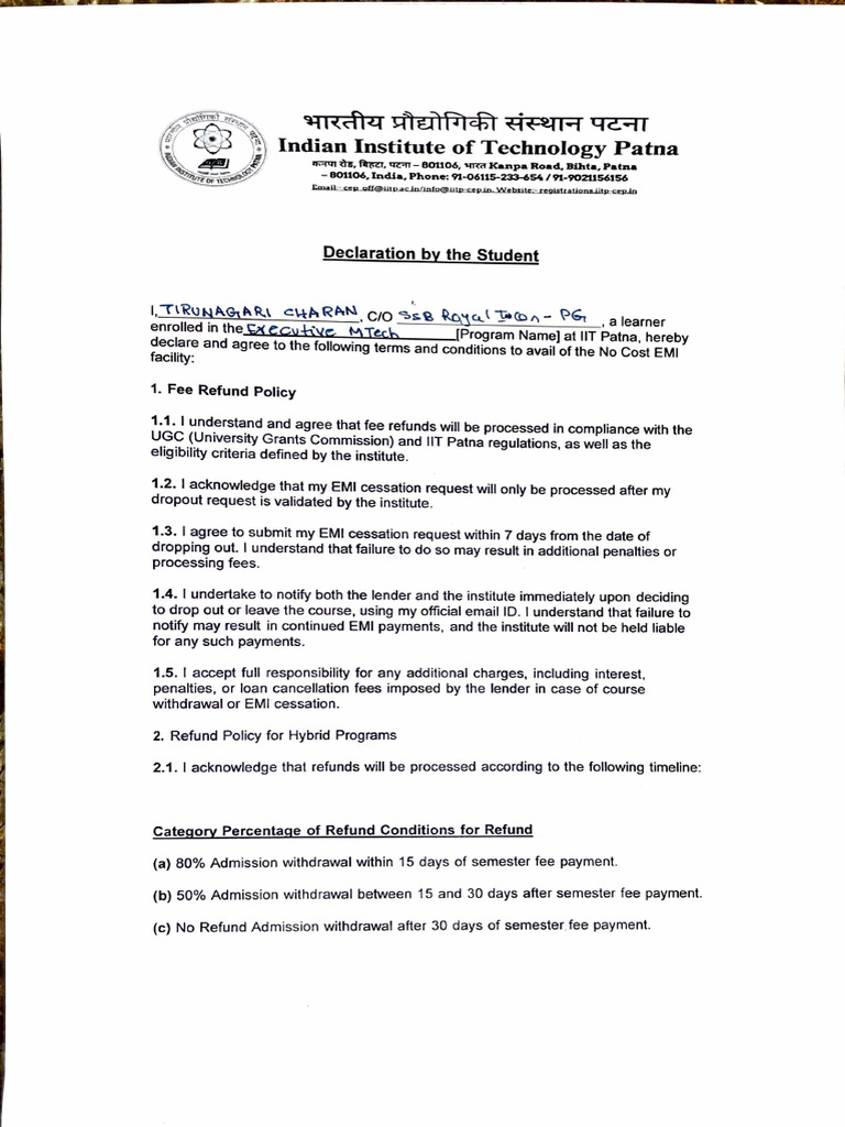 Executive Mtech Self Declaration | PDF | Fee