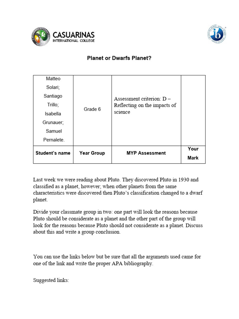 Planet - or - Dwarf - Planet - Criterion - D - Grade - 6 - MYP - Sciences - Assessment - Task M ...