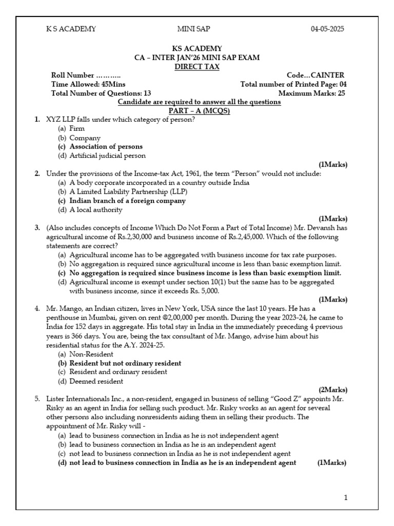 Ca-Inter Jan'26 Mini Sap Exam - (4-5-2025) - (DT) - Ak | PDF | Income Tax | Limited Liability ...