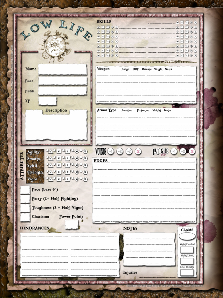 Savage Worlds - Low Life - Character Sheet | PDF