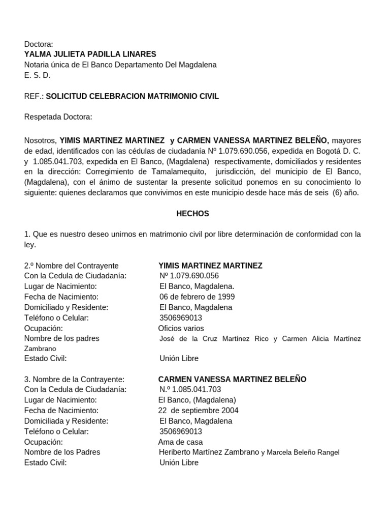 SOLICITUD DE MATRIMONIO ANTE NOTARIA Con Hijos YIMIS MARTINEZ MARTINEZ y CARMEN VANESSA MARTINEZ ...