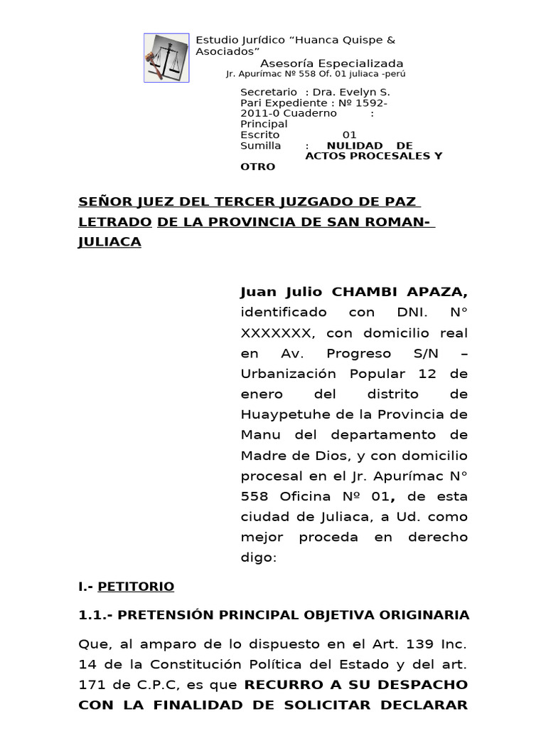 Nulidad de Actos Procesales Modelo | PDF | Debido al proceso | Demanda ...