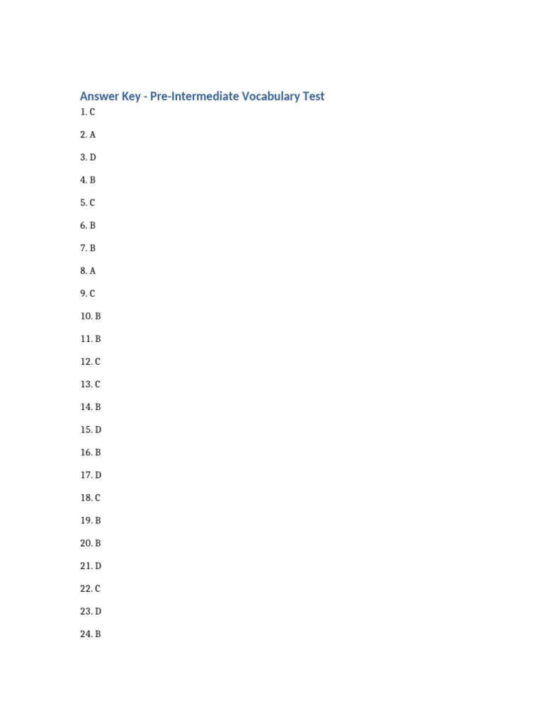 Pre-Intermediate Vocabulary Test Answers | PDF