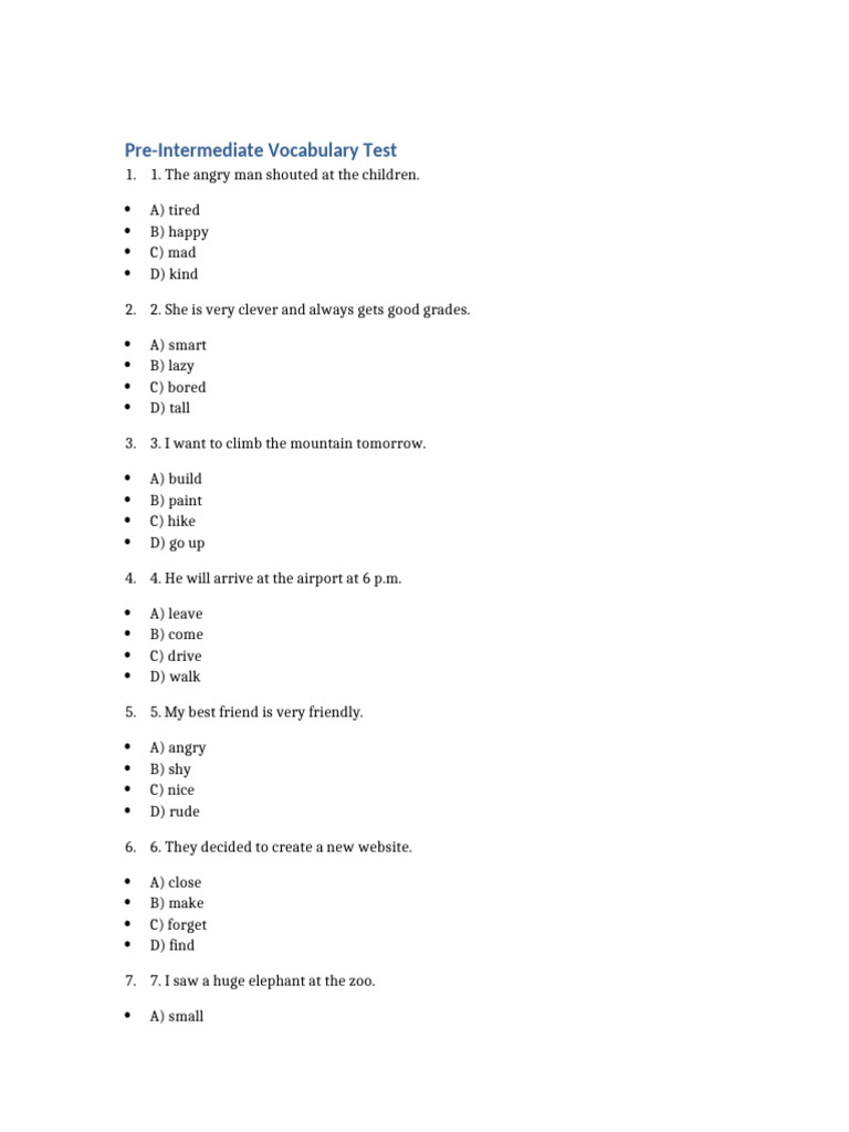 Pre-Intermediate Vocabulary Test | PDF