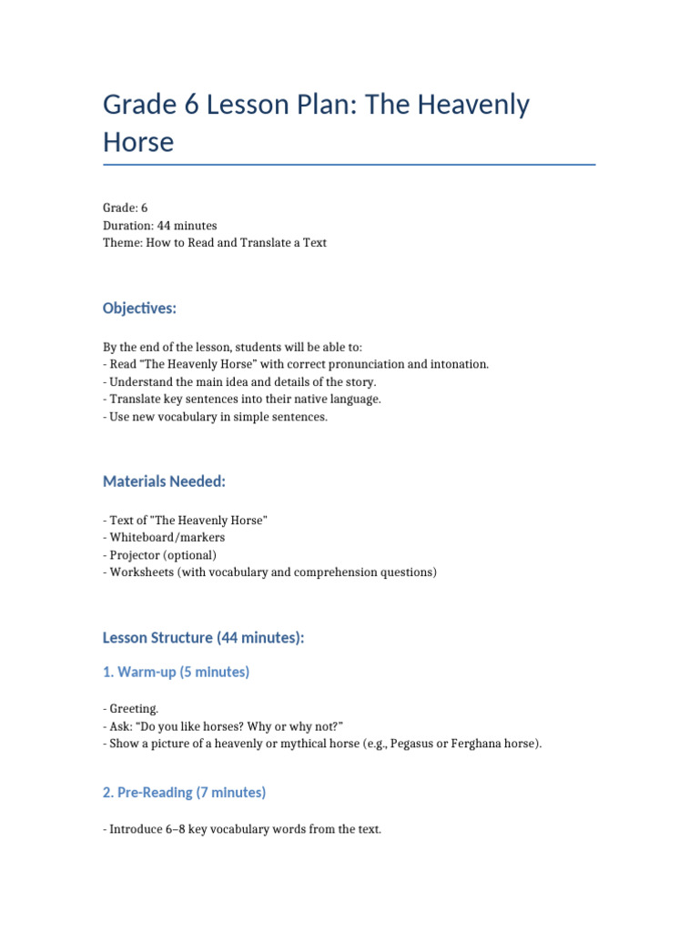 The Heavenly Horse Lesson Plan Grade6 | PDF