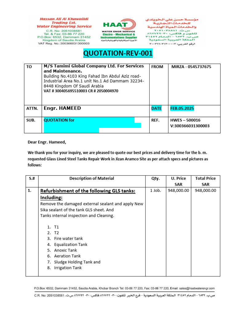 REV-001 - QUOTATION For GLASS LINED STEEL TANK - REPAIR WORK IN JIZAN ARAMCO SITE AS PER ATTACH ...