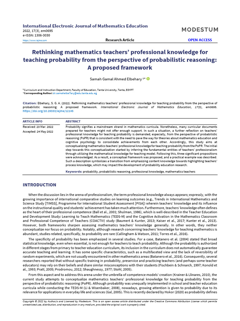 Rethinking Mathematics Teachers' Professional Knowledge For Teaching Probability From The ...
