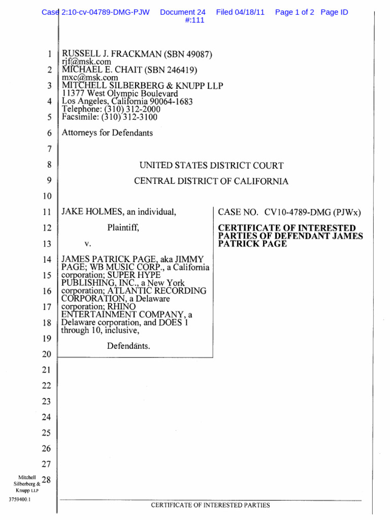 Jake Holmes 2010 'Dazed and Confused' lawsuit - Certificate of ...