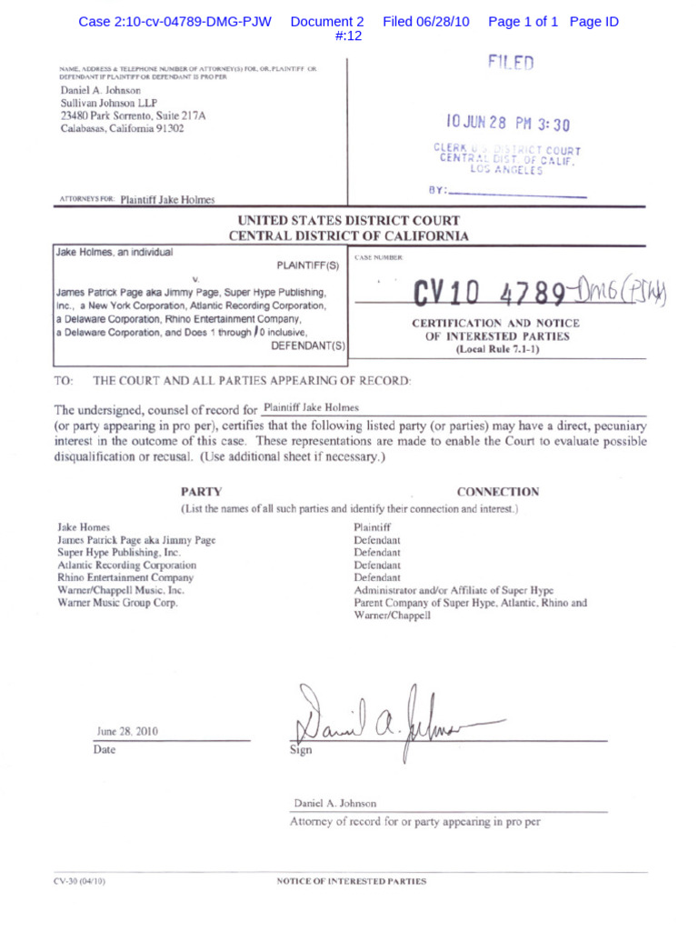 Jake Holmes 2010 'Dazed and Confused' Lawsuit - Certification and Notice of Interested Parties | PDF